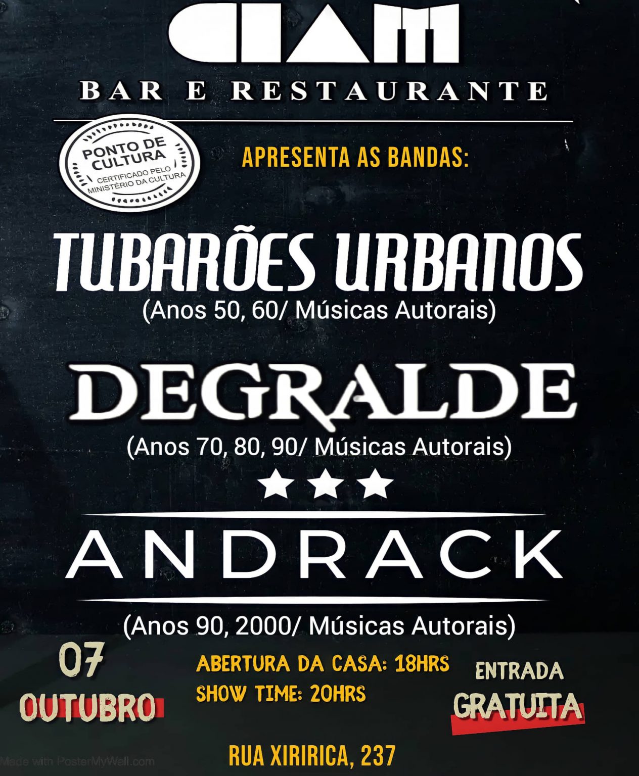 Tubarões Urbanos, Andrack e Degralde se apresentarão no CIAM (São Paulo)